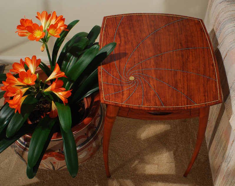 "Sunlight on the Water Table," bubinga with glass bead inlay ...