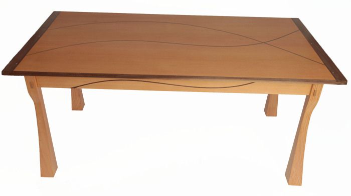 Small dining table in fir with walnut inlay and breadboards ...